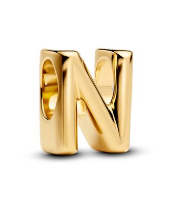 Pandora Buchstabe N Alphabet-Mini-Charm aus Sterling Silber mit 14 Karat Vergoldung, kompatibel Moments, Ma&szlig;e: 6,2 x 8,3 x 6,2 mm, 763960C00