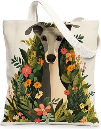 Generic Sac fourre-tout en toile motif l&eacute;vrier printanier 33 x 38,1 cm, sac d&eacute;picerie r&eacute;utilisable avec motif imprim&eacute; de plantes, fleurs et chiots pour femme,