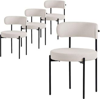 ML Design ML-Design Lot de 4 Chaises de Salle &agrave; Manger, en Tissu Teddy Polyester, Blanc, avec Dossier, Chaise Ronde Rembourr&eacute;e avec Pieds M&eacute;talliques Noirs