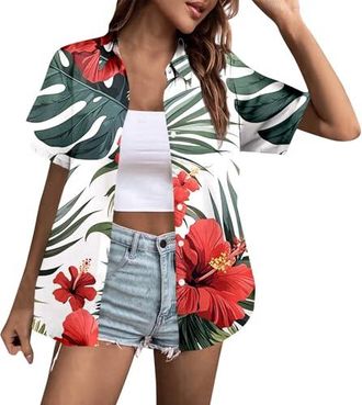 Generic Chemise hawa&iuml;enne de croisi&egrave;re pour femme boutonn&eacute;e &agrave; manches courtes d&eacute;t&eacute; hawa&iuml;enne palmier tendance Cara&iuml;bes d&eacute;contract&eacute;e pour golf, plage, tropical