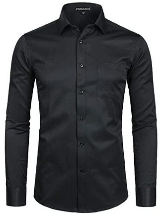 PARKLEES Chemise &agrave; manches longues pour homme en serg&eacute; solide coupe classique avec poche, Noir, XL