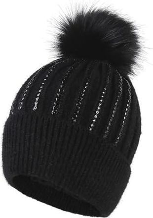 Generic M&uuml;Tze Bonnet dhiver pour femme avec pompon en fourrure synth&eacute;tique et bandes &agrave; paillettes pour femme et adolescente, Noir (01), taille unique