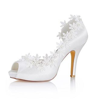 Emily Bridalwear Chaussures de Mariage en Ivoire en Soie Peep Toe Dentelle détail Chaussures de mariée Femmes Talons Hauts (EU38, Beige)