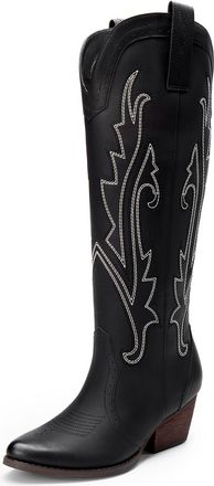 Dream Pairs kniehohe Westernstiefel f&uuml;r Damen, Cowboy-Stiefel mit Blockabsatz, spitzem Zehenbereich und Rei&szlig;verschluss,Size 36.5,Schwarz,DWUMKB2501