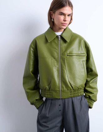 Topshop Bomber coupe boule courte en similicuir - Vert