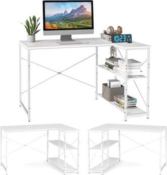 Giantex Bureau avec Rangement en Forme de L, Étagère de Rangement Réversible, Bureau dAngle 118 x 86 cm, Cadre Robuste en Métal, Montage Facile, pour Chambre,