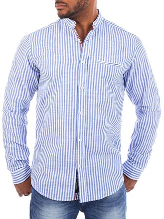 Carisma Herren Baumwoll Leinen Mix Stehkragen Hemd gestreift Langarm 8455, Gr&ouml;sse:3XL, Farbe:Blau