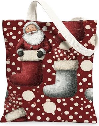 Generic Sacs fourre-tout en toile de No&euml;l, motif P&egrave;re No&euml;l festif et chaussette de No&euml;l, sacs de courses r&eacute;utilisables, confortables style dhiver, toile l&eacute;g&egrave;r