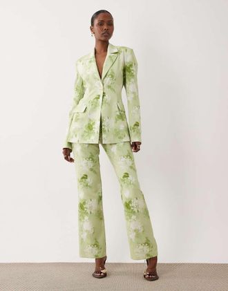 Asos Elegante Anzughose in Hellgr&uuml;n mit verschwommenem Blumenmuster, Kombiteil-Mehrfarbig