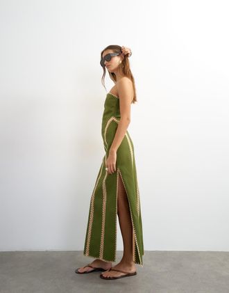 Topshop Robe longue bandeau en crochet contrastant - Vert et p&ecirc;che