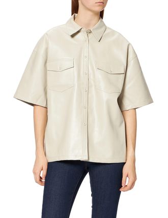 NA-KD Damen Oversized Short Sleeve Pu Shirt Hemd, beige, 40 EU