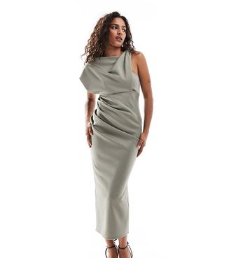 Asos Petite ASOS DESIGN Petite - Hochgeschlossenes, minimalistisches Midikleid in hellem Khaki mit asymmetrischem Schnitt-Gr&uuml;n