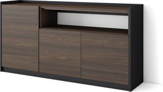 Skraut Home | Sideboard, Highboard | Kommode, Komodenschrank | 156x80x37 cm | 3 Türen | Wohnzimmer, Küche | Moderner Stil | Dunkler Eiche und Schwarz