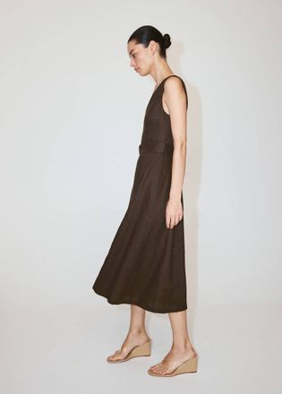 Mango Robe midi en lin avec ceinture chocolat - Femme - XXS - MANGO