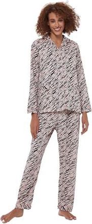 Global Ensembles de Pyjama pour Femme 100% Coton Vêtements de Nuit Manches Longues Boutonné Pantalon Taille élastiquée Cordon de Serrage,Rose Léopard,3XL