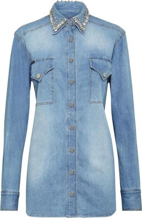 Philipp Plein Femme, Blouses et Chemises, Bleu, Taille: 38 FR Denim Shirt