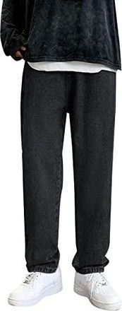 Generic Jean pour homme coupe droite - Jean de moto noir coupe ample délavé pantalon jambe large style urbain Y2K jean baggy pour homme jean hip-hop jean ado 