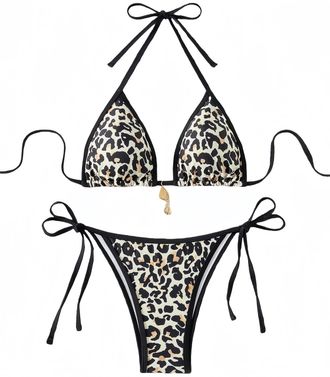 Ocean Plus Damen V-Ausschnitt Gebl&uuml;mt Triangel Bikini-Set mit B&uuml;gel Spaghetti Bademode Bandeau Slips mit Tunnelzug (L (EU 36-38), Schwarzer Panther-Print)