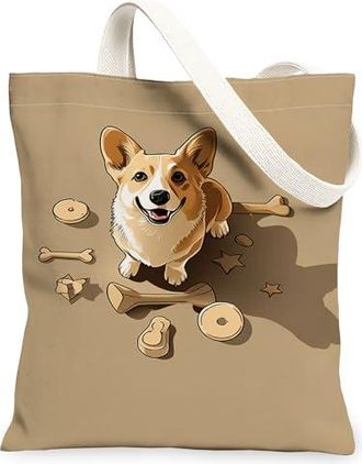 Generic Sacs fourre-tout en toile avec imprim&eacute; chien, motif animal amusant, sacs d&eacute;picerie r&eacute;utilisables, l&eacute;gers et lavables en toile pour les voyages, beige,