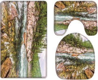 A.Monamour Badezimmer Badematte 3 Teilig Set Gr&uuml;ne Wald W&auml;lder Rock Berge Fluss Wasser Natur Landschaft Kunstdruck Weich Flanell Saugf&auml;hig Badteppiche Badvorlege
