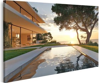 Islandburner Prime Bild auf Leinwand Moderne Villa am Meer bei Sonnenuntergang Bilder Wandbilder Poster