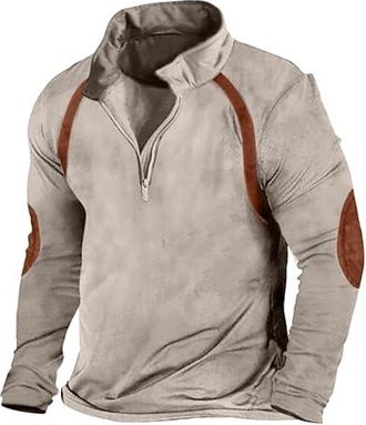 Generic Pull pour homme avec fermeture &eacute;clair semi-zipp&eacute;e, sweat-shirt &agrave; col montant, patchs polo, haut &agrave; manches longues, sweat-shirt d&eacute;contract&eacute; r&eacute;tro impri