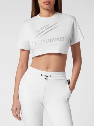 Plein Sport T-shirt cropped en coton avec logo paillet&eacute; contrastant