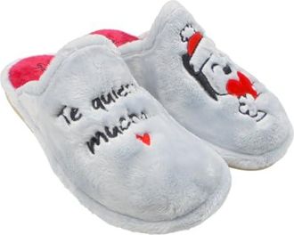 Garz&oacute;n P492 Chaussures de maison pour femme - Poils argent&eacute;s et rouges avec inscription &laquo; Te quiero mucho &raquo; et chien de No&euml;l, semelle sp&eacute;ciale parquet, chaud