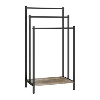 Relaxdays Handtuchst&auml;nder mit Ablage, HxBxT: 81x43x28 cm, Holzoptik, 3 Stangen, Handtuchhalter stehend, Natur/schwarz