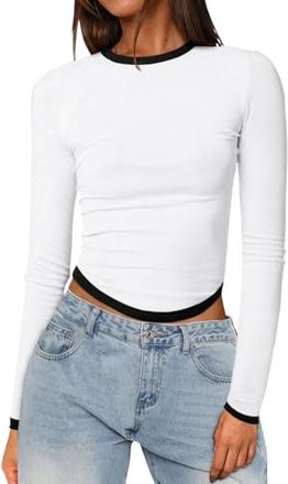 Generic Haut court &agrave; manches longues et col rond pour femme - Coupe ajust&eacute;e - Pour entra&icirc;nement et yoga, blanc, XS