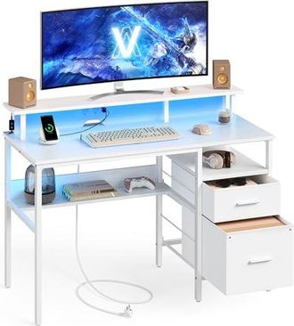 Vasagle Bureau Gaming, avec Tiroirs en Tissu, Table Informatique avec Support d&Eacute;cran, Lumi&egrave;res LED, 55 x 120 x 90 cm, Multiprise, 2 Ports USB, pour Bureau &agrave; D