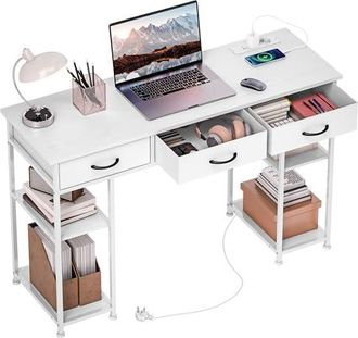 HOMCOM Bureau dordinateur avec 2 Prises de Charge USB et 2 Prises de Courant, Bureau avec Rangement 120 x 40 cm, &eacute;tag&egrave;res r&eacute;glables et 3 tiroirs en Tissu, Po
