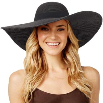Dreshow Damen Strohhut mit Breiter Krempe Diskette Faltbare Kappe Strand Sonnenhut UPF 50+