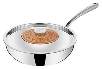 Lagostina Emozione Wok Saltapasta + Couvercle avec Insert en Bois de Cerisier Ø 26 cm, Wok Induction et Gaz, Acier Inoxydable 18/10 et Bois, Fond Lagotherm Trip