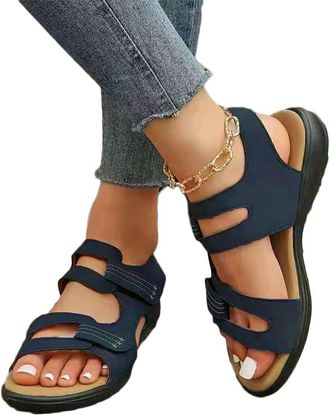 Onsoyours Damen Sommer Sandalen mit Klettverschluss Fischmaul Plateau Keilabsatz Sandaletten Offene Zehen Römersandalen rutschfest Sommerschuhe D Dunkelblau 39 