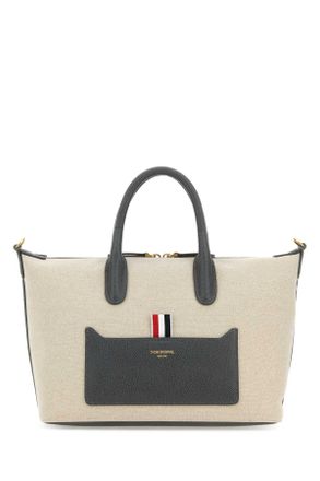 Thom Browne Canvas and Leather Colorblock Tote Bag - Beige