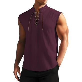 Generic D&eacute;bardeur d&eacute;t&eacute; &agrave; lacets en coton et lin pour homme - Tunique de pirate sans manches - Tunique de plage hippie - Chemise en coton - Costume viking m&eacute;di