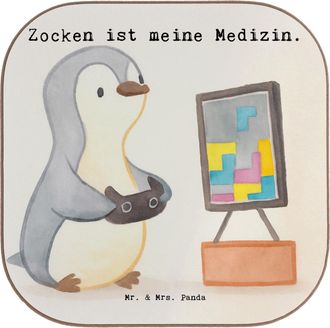 Mr. & Mrs. Panda Tischuntersetzer Pinguin Zocken Design - Geschenk, gl&auml;seruntersetzer, Videogames, Videospiele, Coaster, Untersetzer f&uuml;r Gl&auml;ser, Holzuntersetzer, Gamin