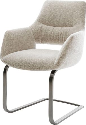 DELIFE Schwingstuhl Yago-Flex mit Armlehnen Freischwinger flach Graphit Webstoff Soft Beige Taschenfederkern