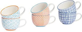 Nicola Spring Lot de 6 Tasses &agrave; Cappuccino - 250 ML - 3 Tasses &agrave; th&eacute; color&eacute;es imprim&eacute;es &agrave; la Main, Tasses &agrave; caf&eacute;, Cappuccino, latt&eacute;, soucoupes &agrave; th&eacute;, Assiettes pour