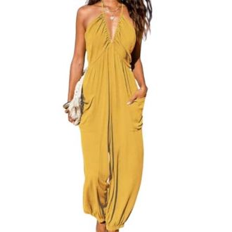 Generic Combinaison plongeante dos nu pour femme, barboteuse de vacances pliss&eacute;e sans manches, combinaison maxi en tricot, avec poche, cache-maillot de plage,