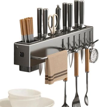 Generic Wand Utensil Rack - Küche Schiene Utensilien Aufhänger | Besteck Lagerung Organizer Mit Haken | Edelstahl Keine Bohren Wand Messer Kleiderbügel Für Ha
