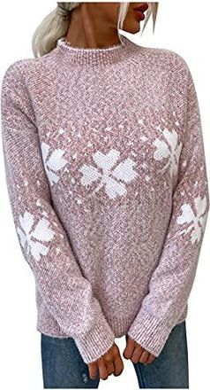Generic 2026 Pull &agrave; manches longues et col montant ray&eacute; en tricot flocon de neige ample pour femme, rose, S