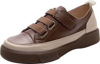 Jamron Femmes Style Rétro Baskets Basses en Cuir Véritable Loafers à Semelle Souple avec Fermeture à Boucles et Crochets Marron EU40
