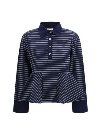 Ganni Womens Polo Shirt Sky Captain Cotton Tops