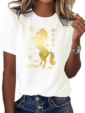Keephen Joyeux Nouvel an Lunaire Chinois du Cheval 2026 Femmes T-Shirt Cheval Impression 3D Manches Courtes Col Rond Tops Blouse Pullover