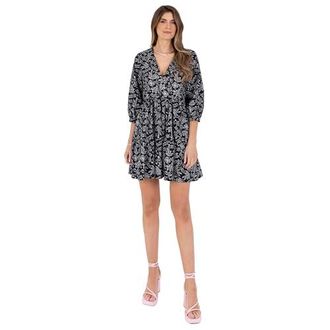 Lovedrobe Womens Ladies Knee-Length Dress Long Puff Sleeve V-Neck Wrap Front Smock Shift Abstract Leaf Print Cotton Casual Noir 46