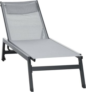 OUTSUNNY Bain de soleil transat inclinable 5 positions - t&eacute;ti&egrave;re, 2 roulettes - alu. textil&egrave;ne gris
