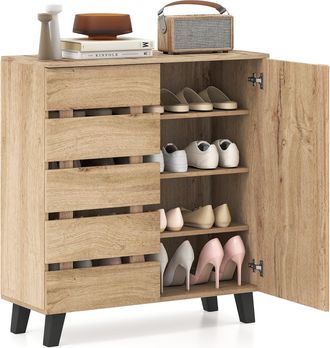 Costway 4-st&ouml;ckiger Schuhschrank Holz, Schuhkommode mit Lamellent&uuml;r & herausnehmbaren Regalen, Aufbewahrungsorganisator f&uuml;r Eingangsbereich, Flur, Wohnzimmer,