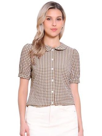 Allegra K Chemisier &agrave; Carreaux pour Femme &agrave; Manches Courtes et col Claudine Marron fonc&eacute; et Blanc XL